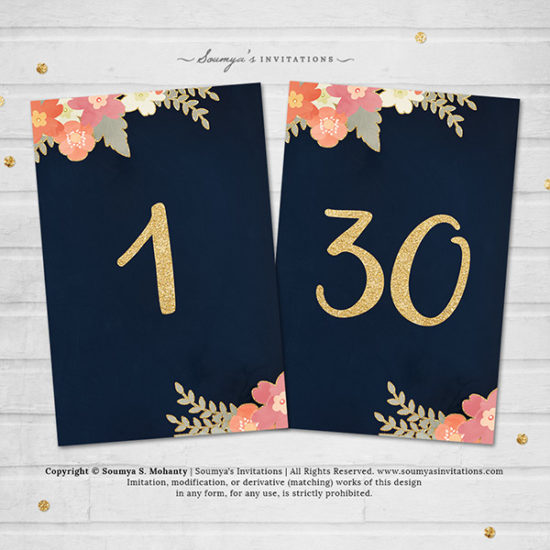 Navy Blue Gold Wedding Table Numbers, Navy Blush Pink Coral Peach ...