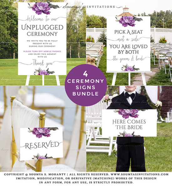 Purple Wedding Signs, Purple Peony Wedding Signs, Purple Floral Wedding ...