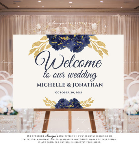 Navy Blue Gold Wedding Welcome Sign, Dark Blue Floral Wedding Welcome ...