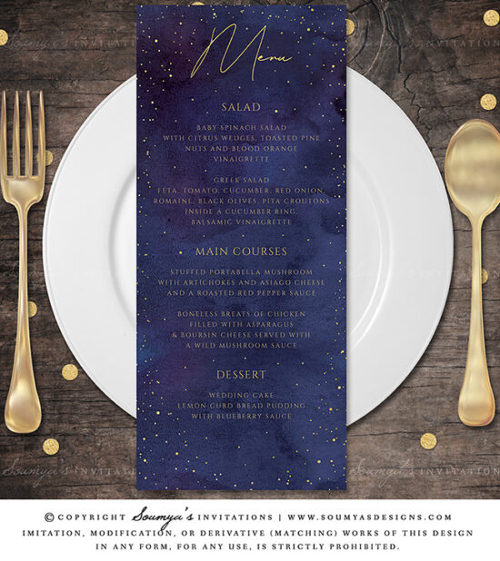 Starry Night Wedding Menu, Galaxy Party Dinner Menu, Purple Gold ...