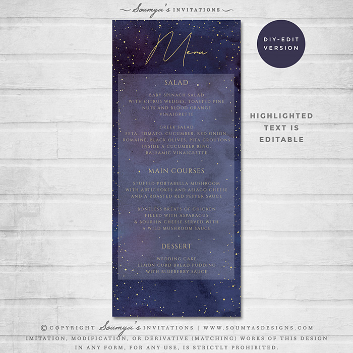 Galaxy Wedding Theme Menu Cards