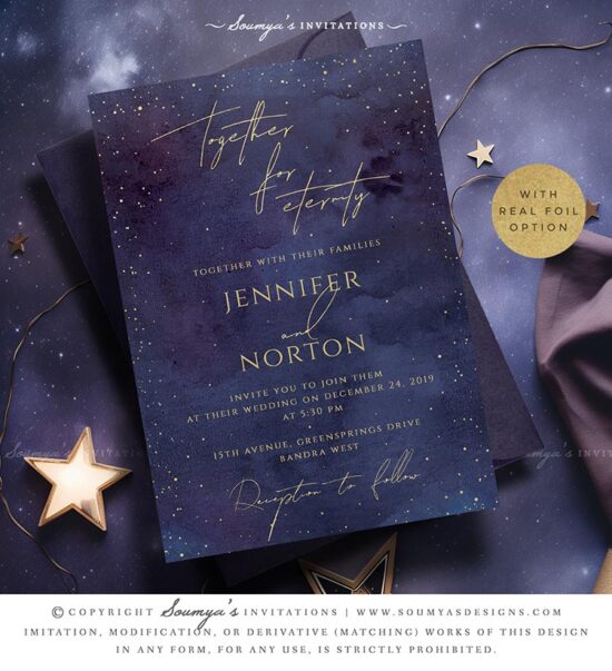 Purple Gold Wedding Invitations, Celestial Galaxy Stars Wedding Invitations, Starry Night ...