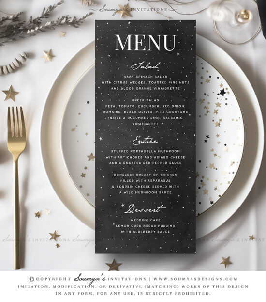 Celestial Wedding Menu, Stars Theme Menu, Starry Night Menu, Black ...